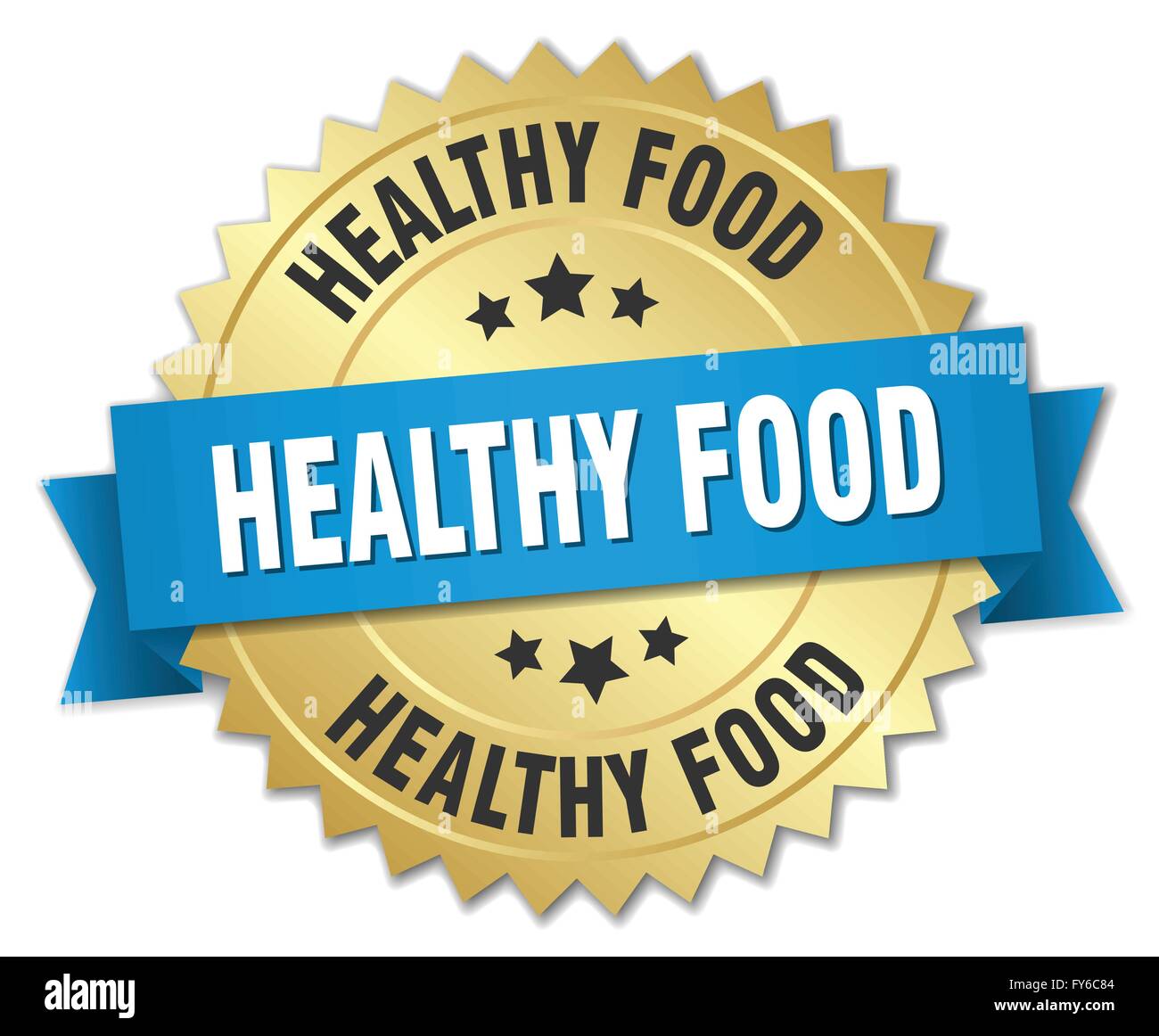 healthy food 3d gold badge with blue ribbon Stock Vector Image & Art ...