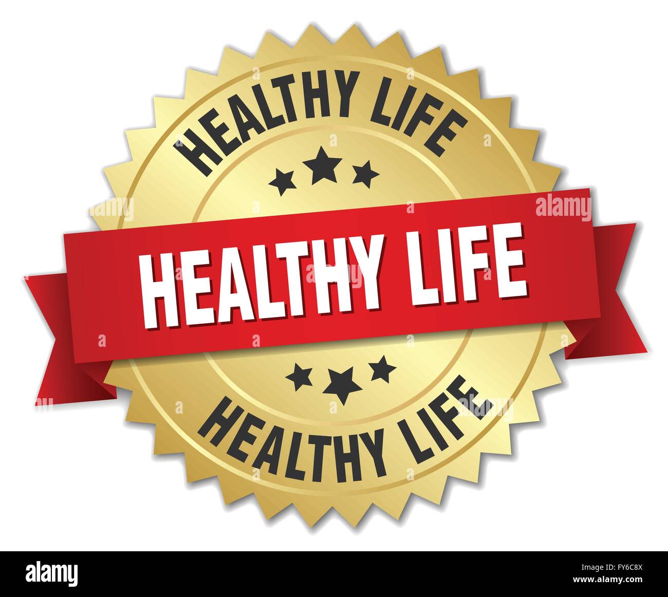 healthy life 3d gold badge with red ribbon Stock Vector Image & Art - Alamy