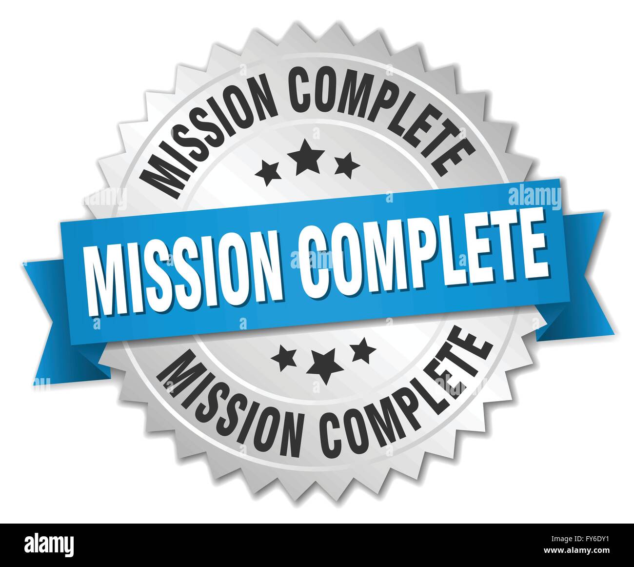 mission complete 3d silver badge with blue ribbon Stock Vector Image ...