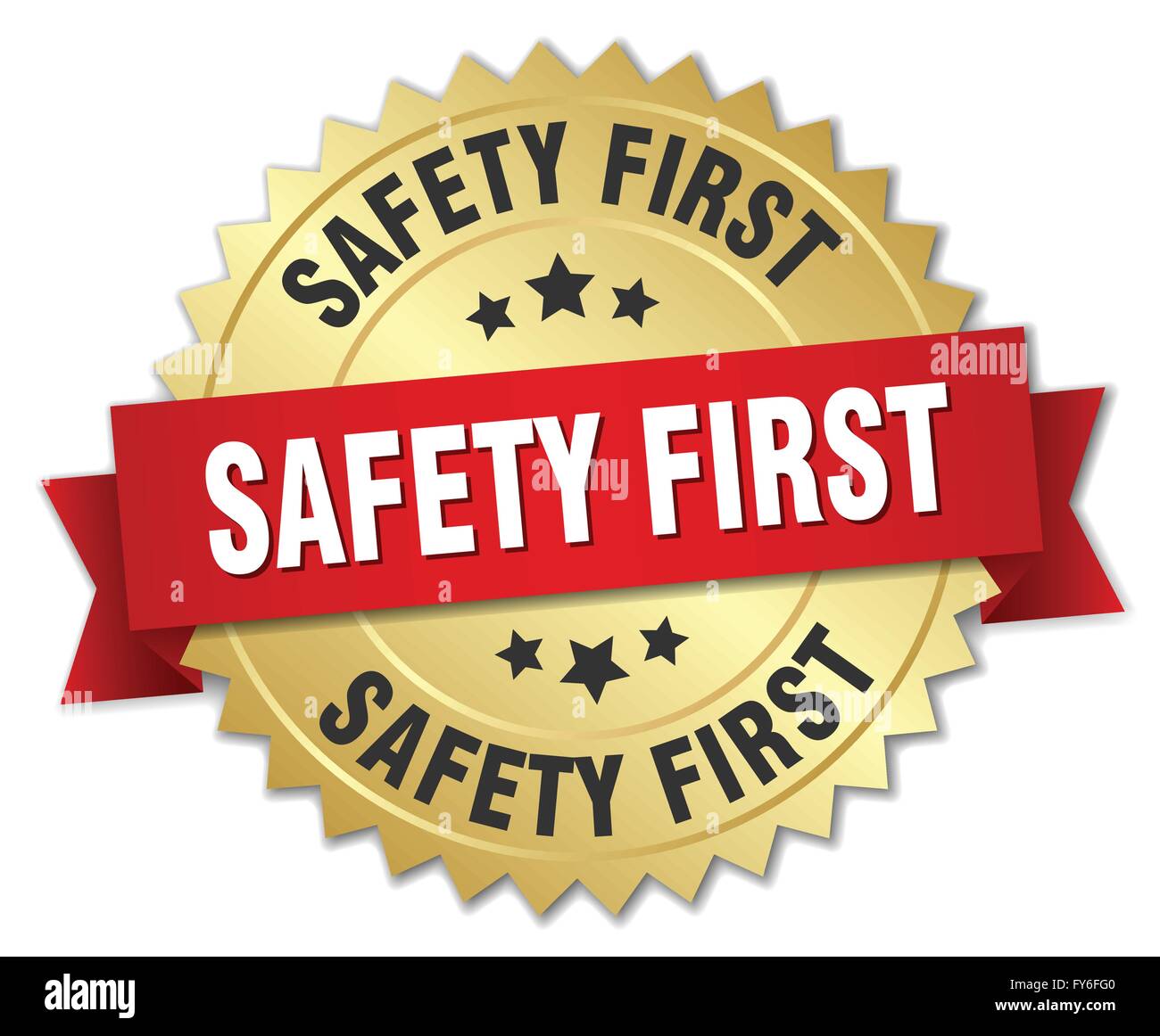 safety first 3d gold badge with red ribbon Stock Vector Image & Art - Alamy