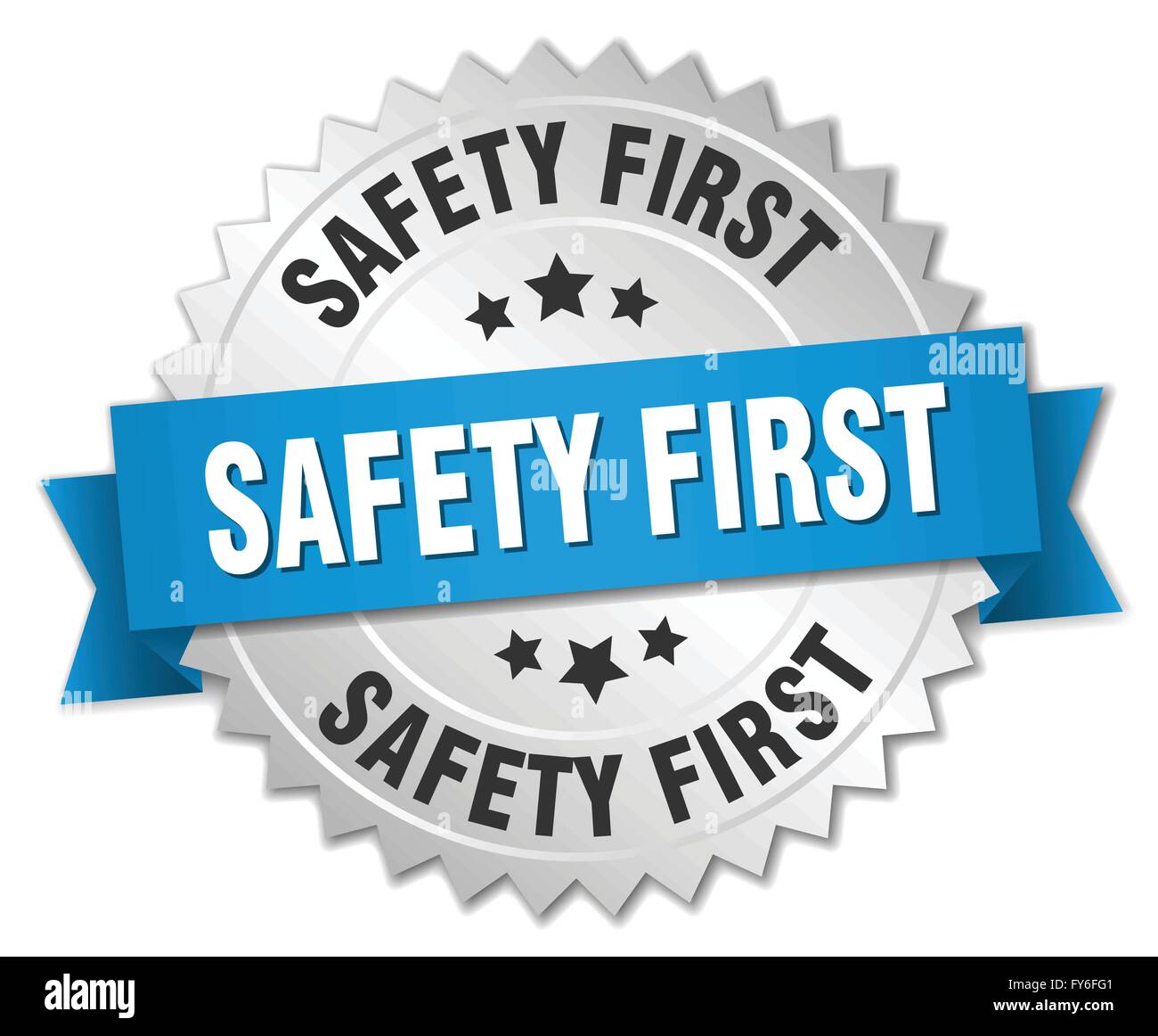 safety first 3d silver badge with blue ribbon Stock Vector Image & Art ...