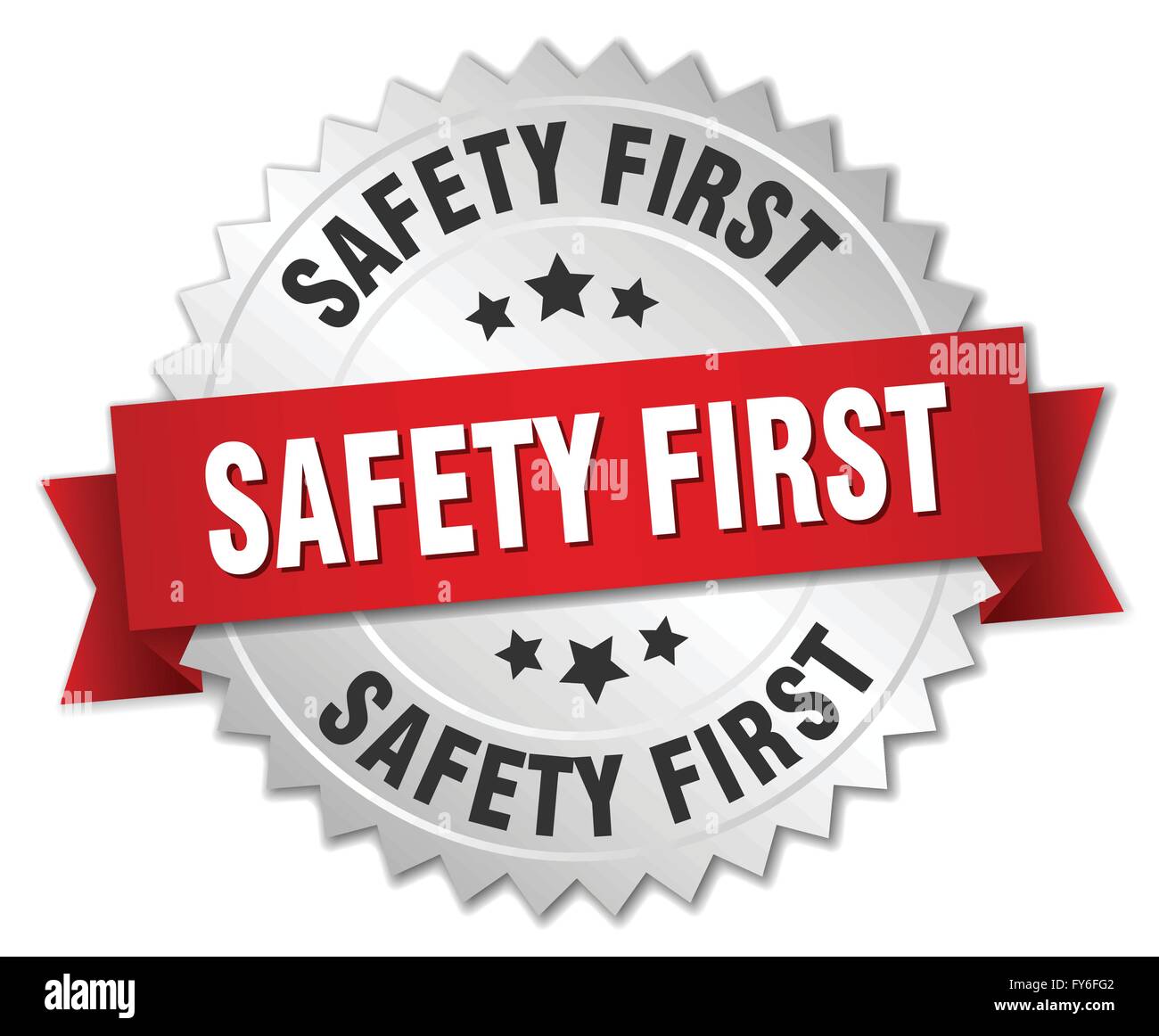 safety first 3d silver badge with red ribbon Stock Vector Image & Art ...