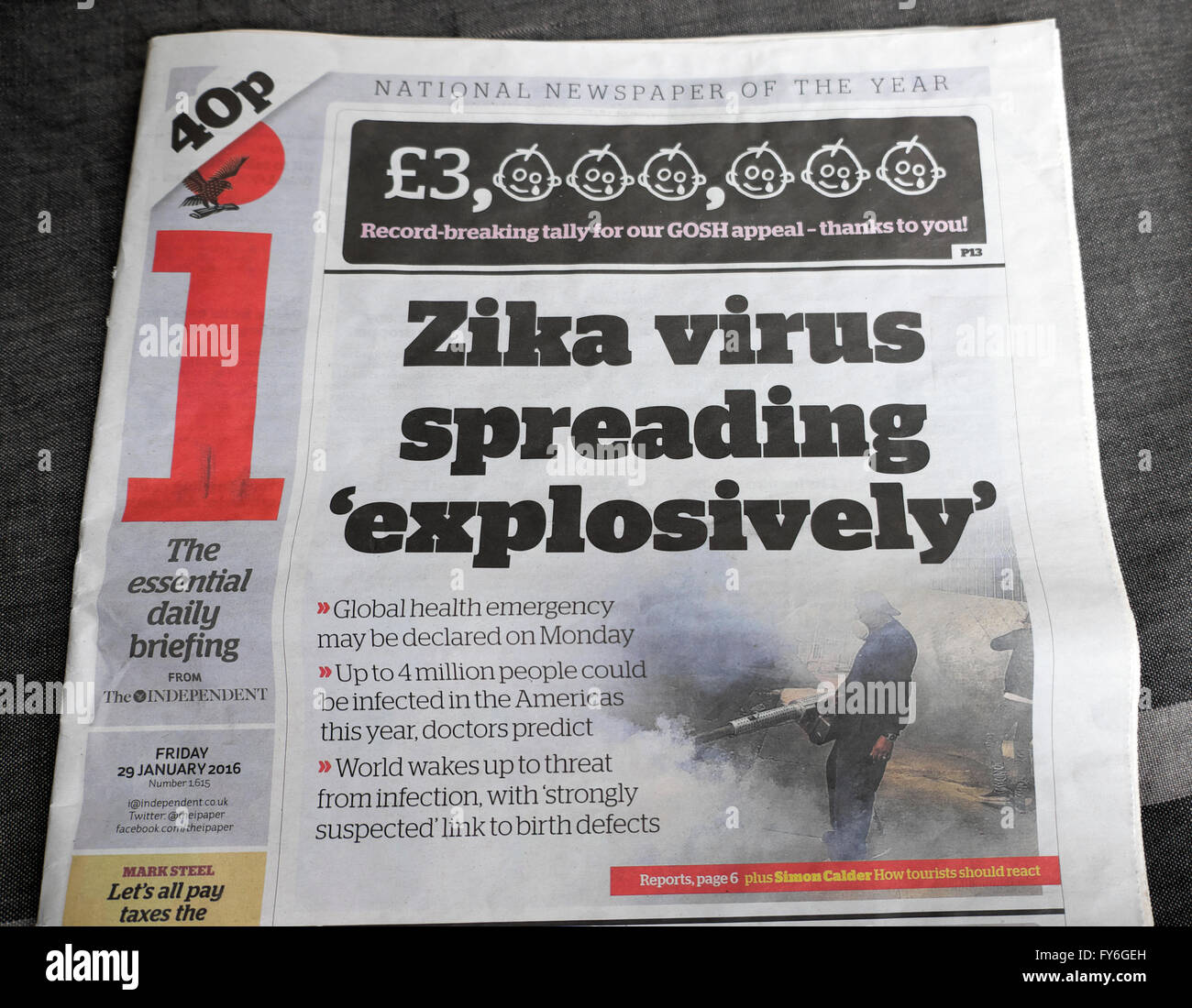 Independent newspaper front page headline ZIKA VIRUS SPREADING ...