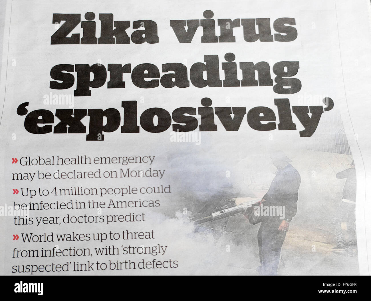 Independent newspaper front page headline ZIKA VIRUS SPREADING ...