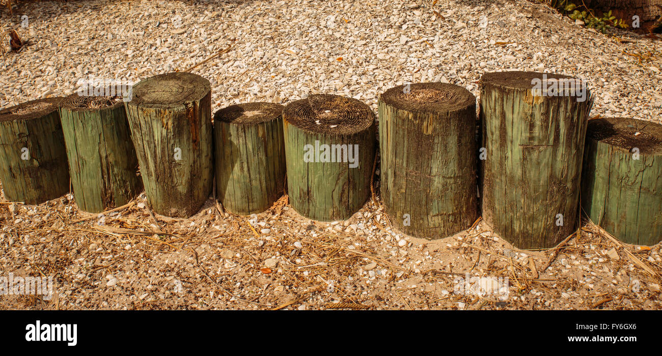 Wooden logs chopped and placed in a row as a border Stock Photo - Alamy