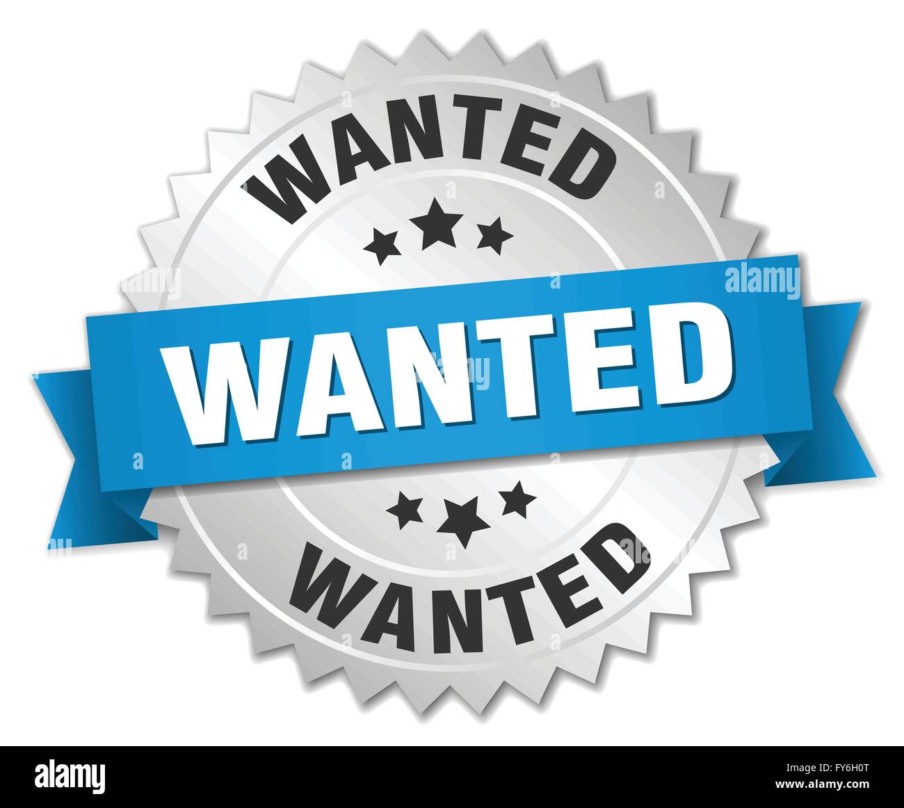 wanted 3d silver badge with blue ribbon Stock Vector Image & Art - Alamy