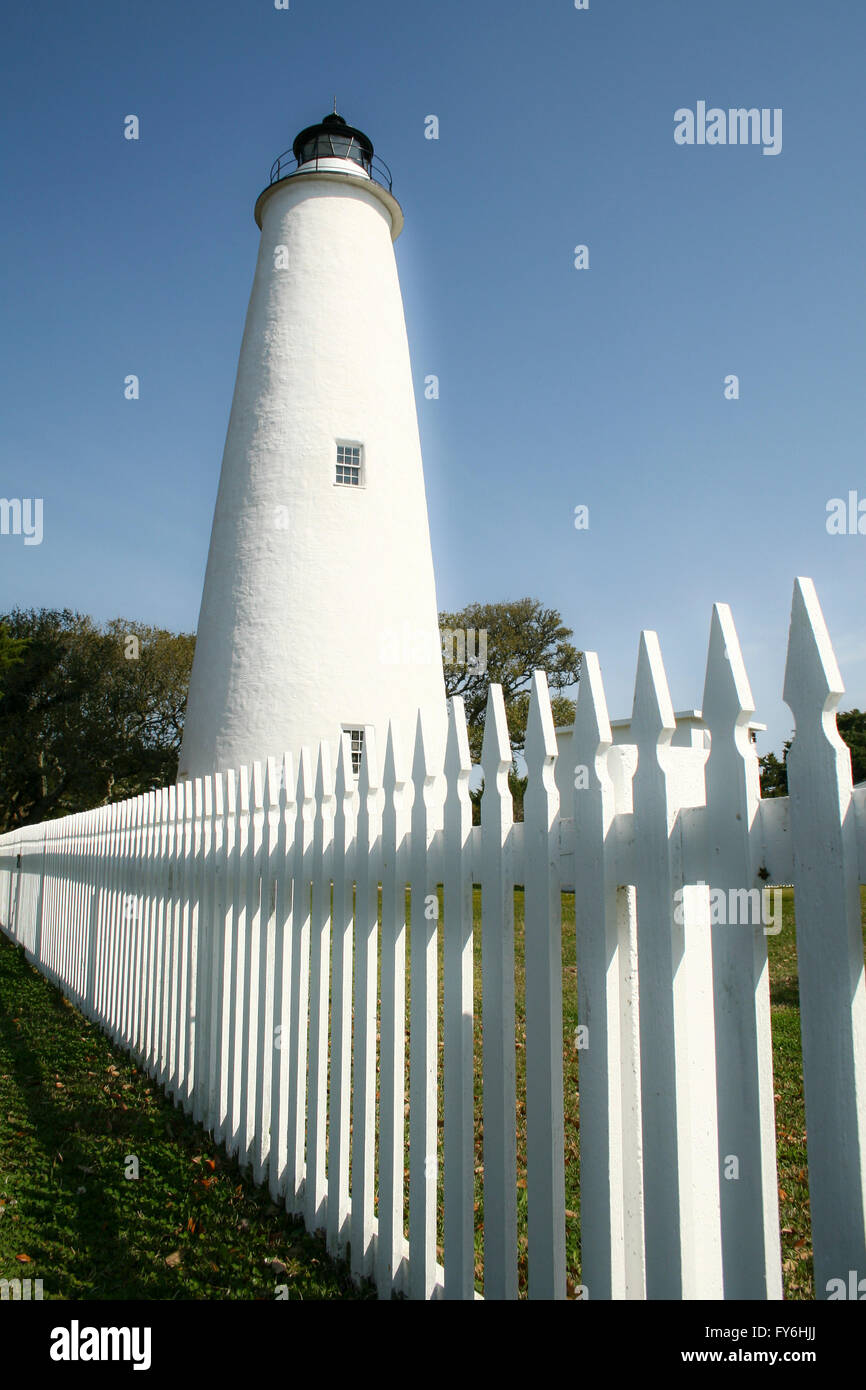 Ocracoke Island Lighthouse and White Picket Fence on the Outer Banks of ...