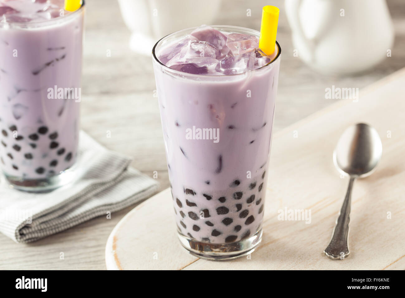 Homemade Taro Milk Bubble Tea with Tapioca Pearls Stock Photo - Alamy