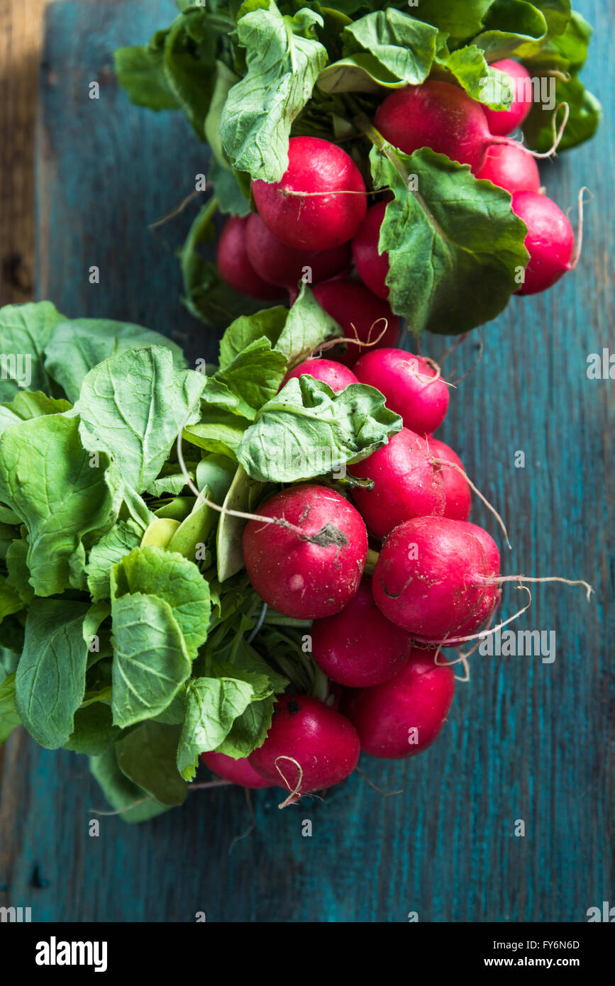Farm fresh whole bunch of raddish on rustic wooden board Stock Photo ...