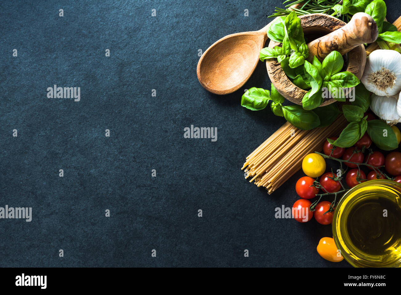 Italian healthy spaghetti, border background, from above flat lay ...