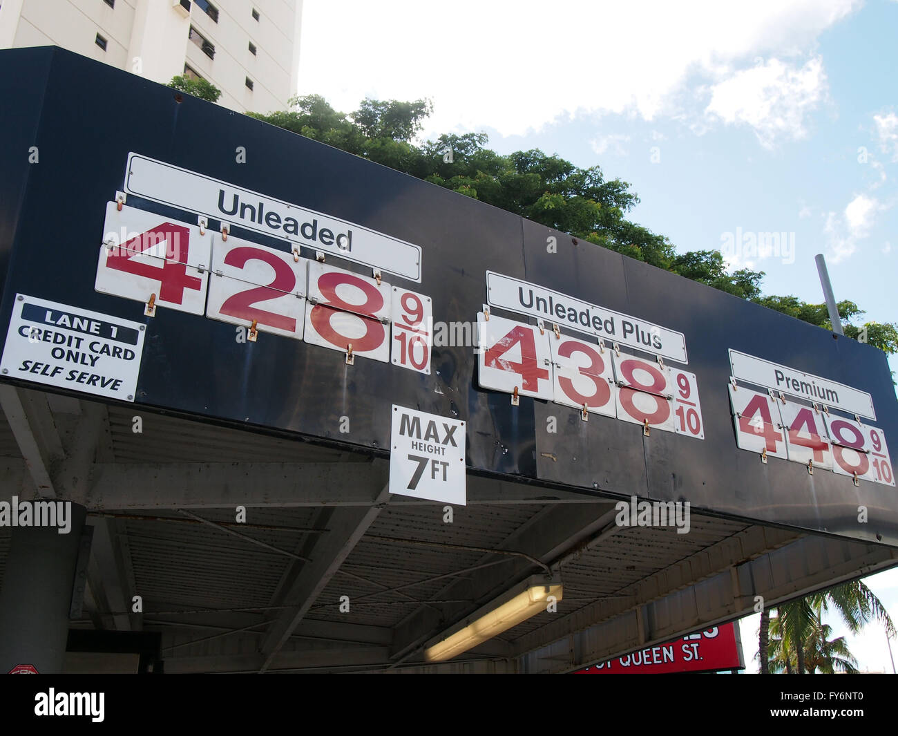 Expensive Gas Prices Display on side of roof of Gas Station Stock Photo ...
