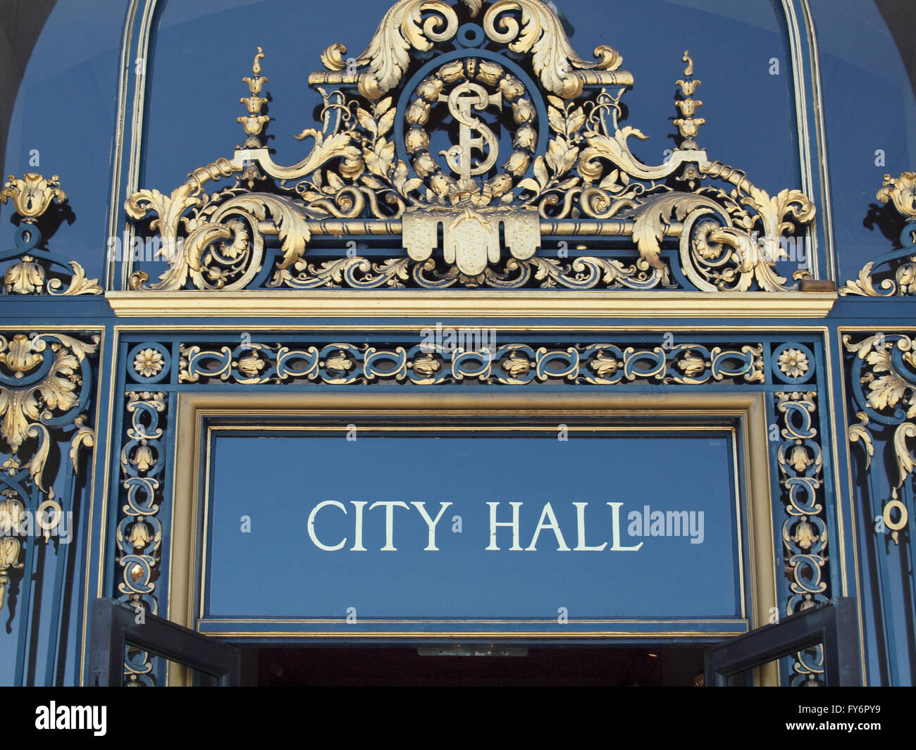 City Hall Sign on front entrance of San Francisco City Hall Stock Photo ...