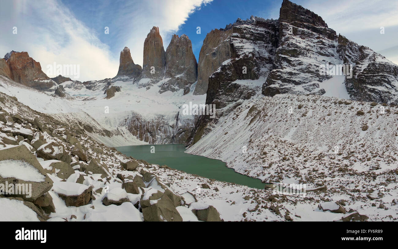 Granite spires that give the name to the Torres del Paine National Park ...