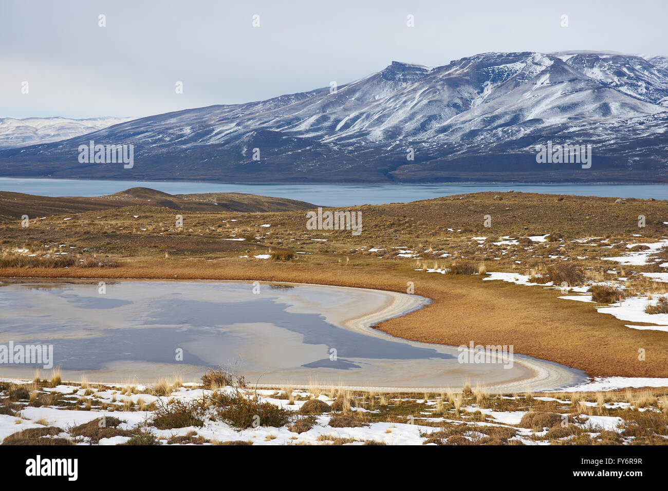 Frozen lake in the grasslands of Torres del Paine National Park in ...