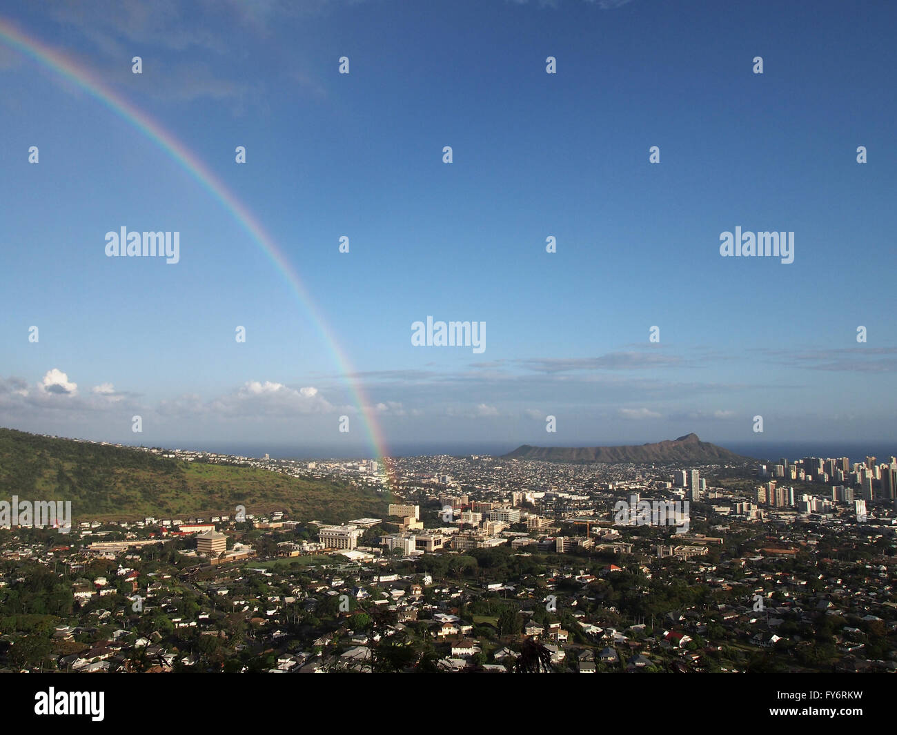 Rainbow over Honolulu with Diamond Head in the distance on Oahu Stock ...