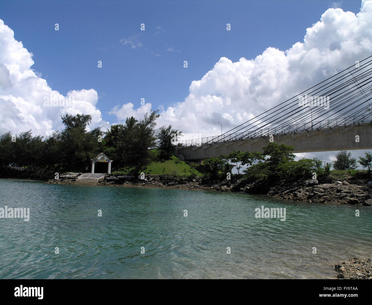 Koror-Babeldaob Bridge, Palau. Koror side of the bridge and shore. It ...