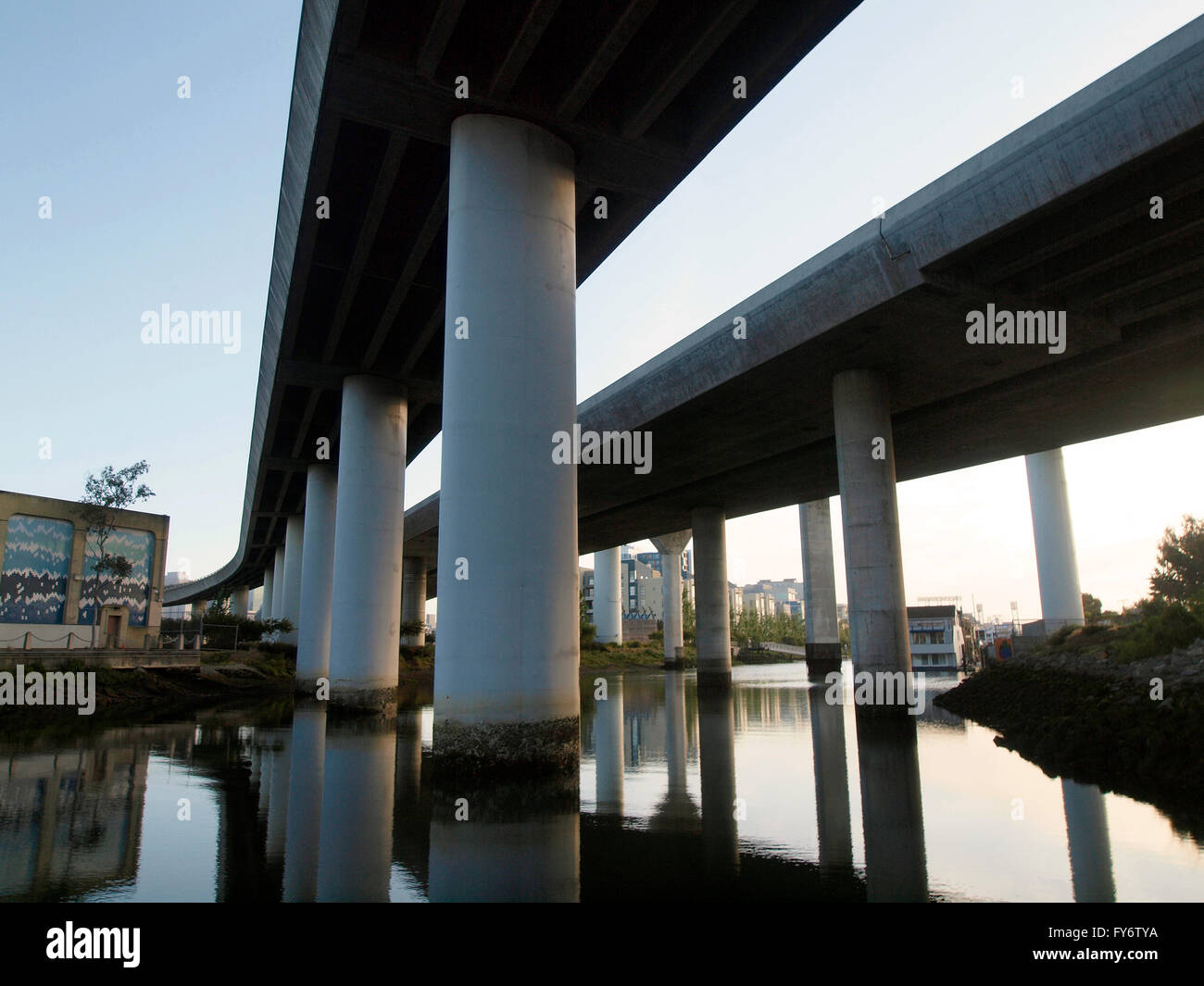Overhead Highways hang over Mission Creek on a nice morning Stock Photo ...