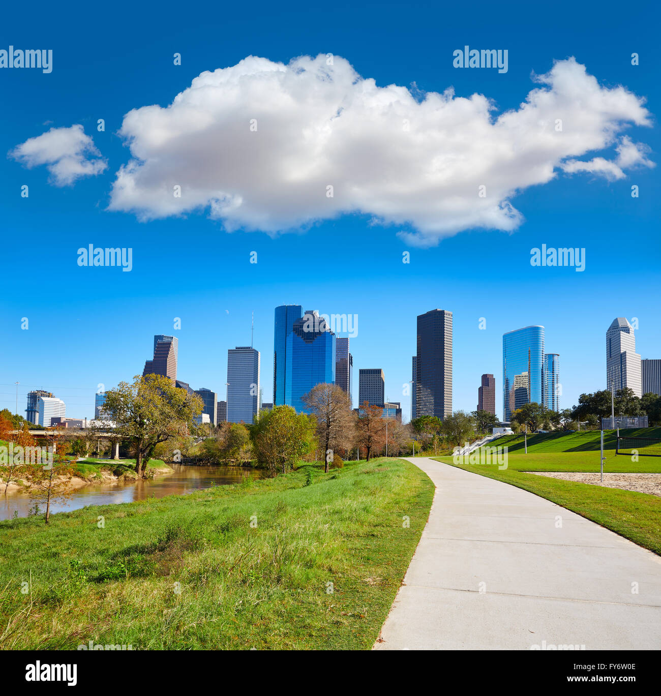 Houston skyline in sunny day from park grass of Texas USA Stock Photo ...