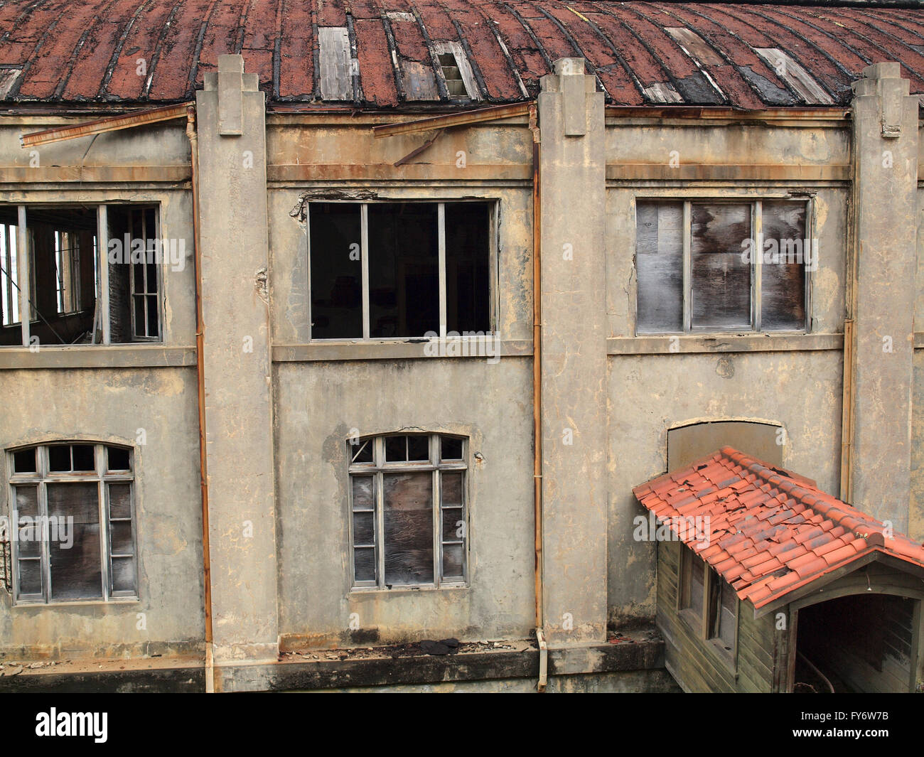 Falling apart building on Angel Island in San Francisco Bay. With ...