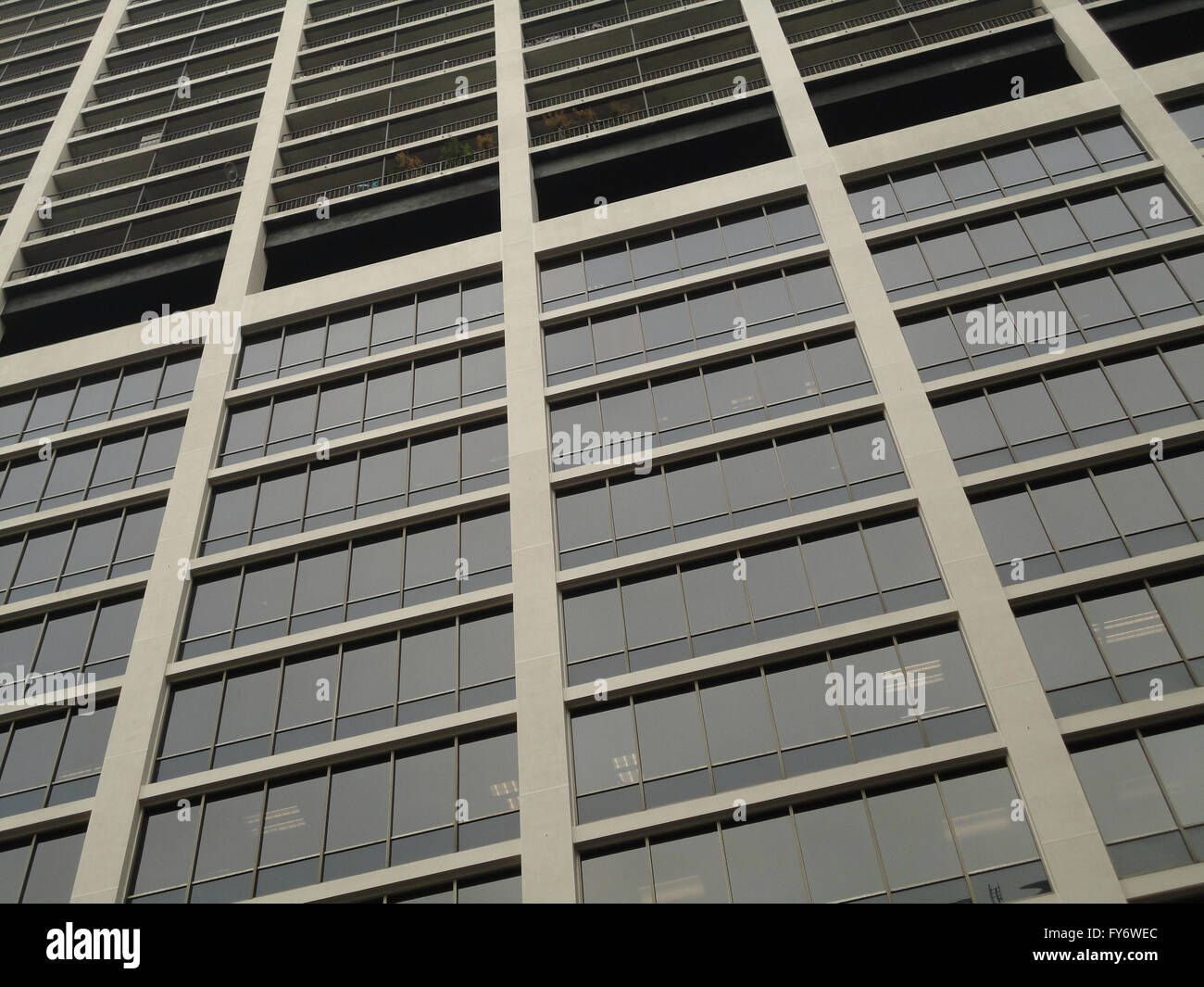 Looking up at details of Modern Office building in downtown San ...