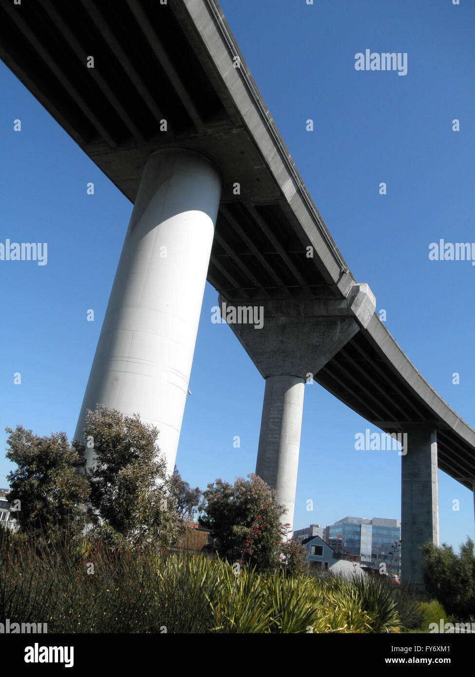 Highway overpass on large pillars towers over park below in San ...