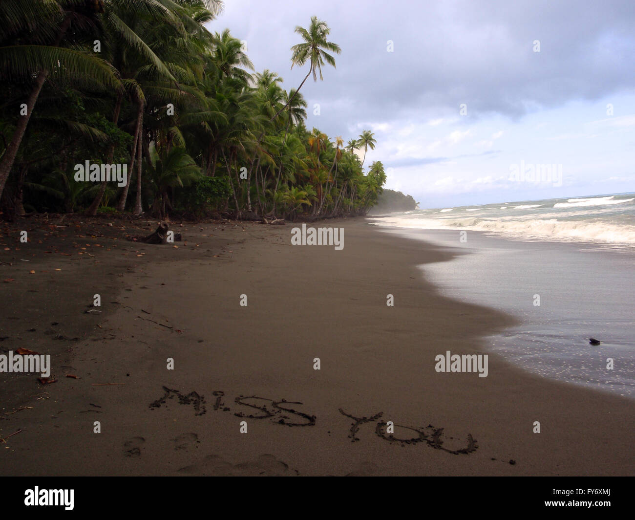 'Miss You' written in the sand on a remote beach in Punta Banco, Costa ...
