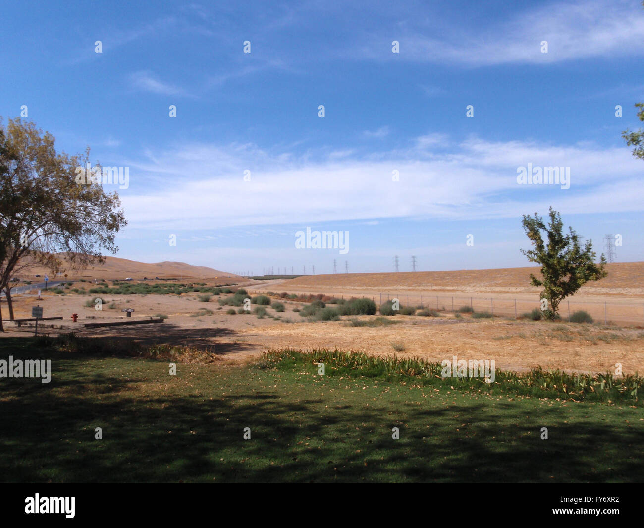 California roadside rest stop along the I-5, next to a waterway and ...