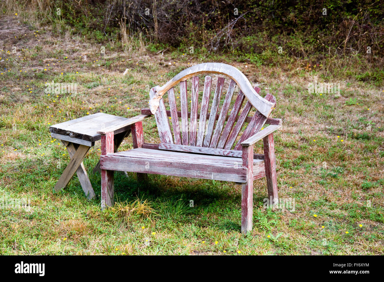 Old bench and table in a field Stock Photo - Alamy