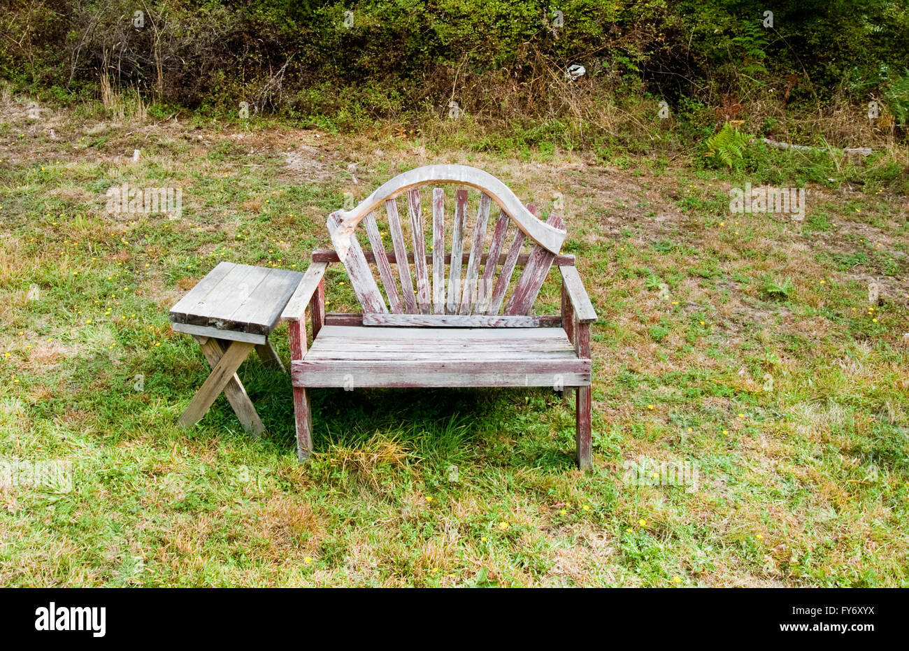 Old bench and table in a field Stock Photo - Alamy