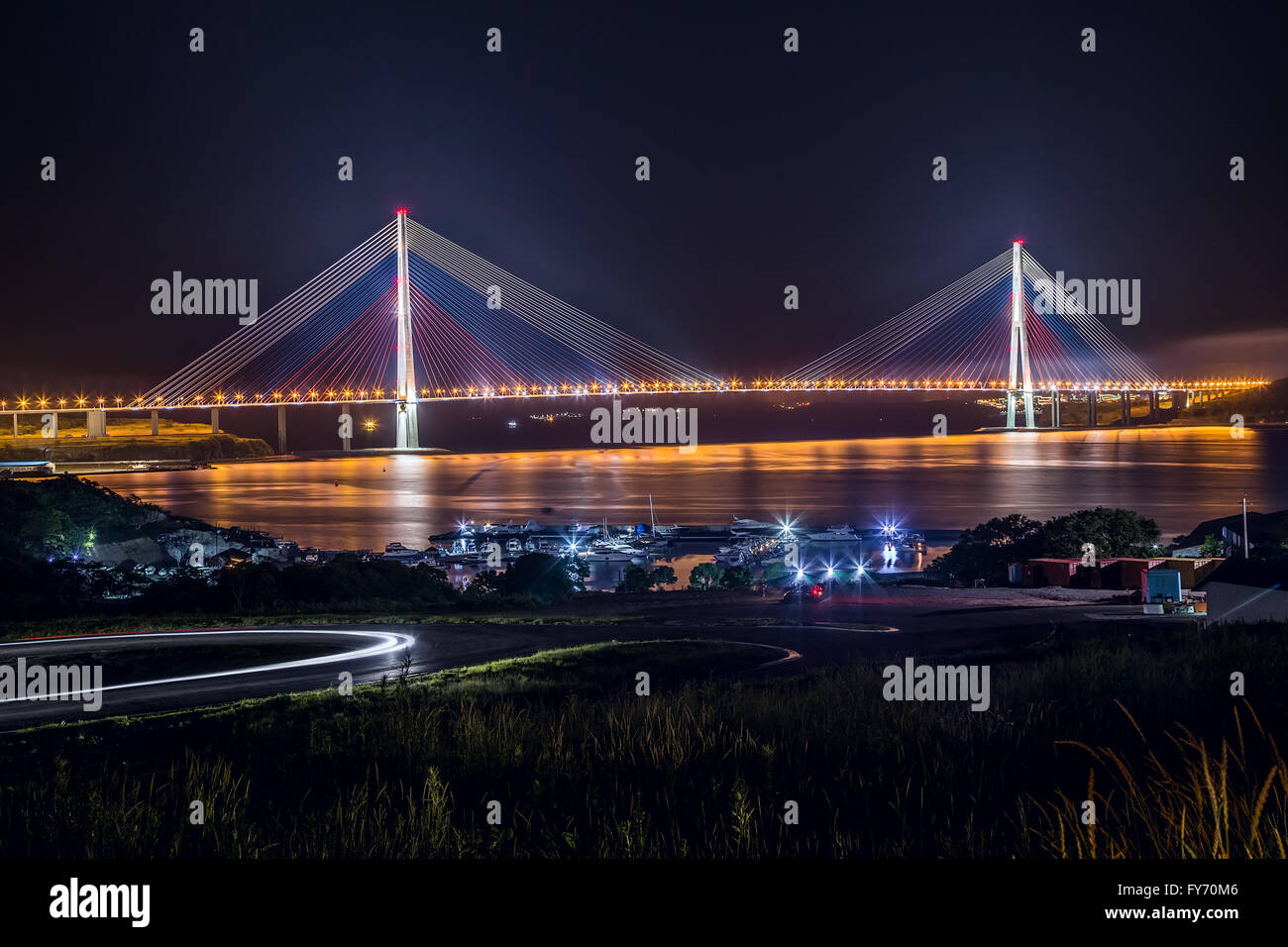 View of Russkiy bridge at night, Vladivostok, Russia Stock Photo - Alamy