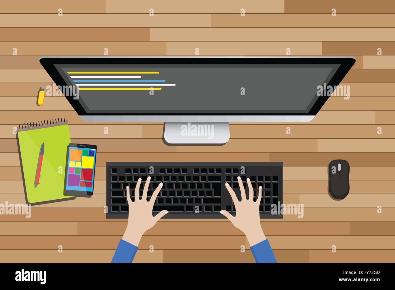programmer workspace view from top with desktop computer line code ...
