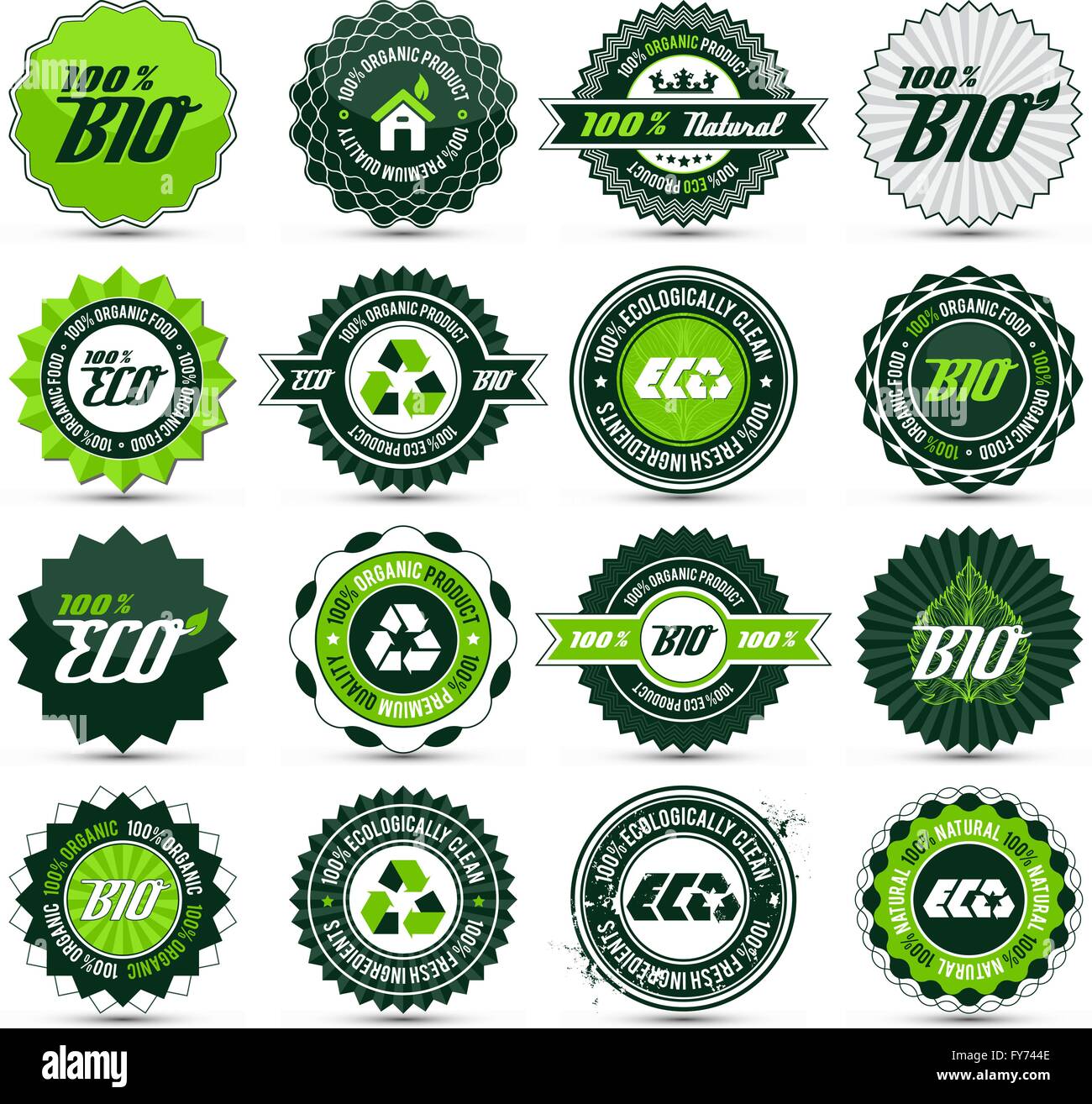 16 green bio, eco, organic labels with differently varied modern ...