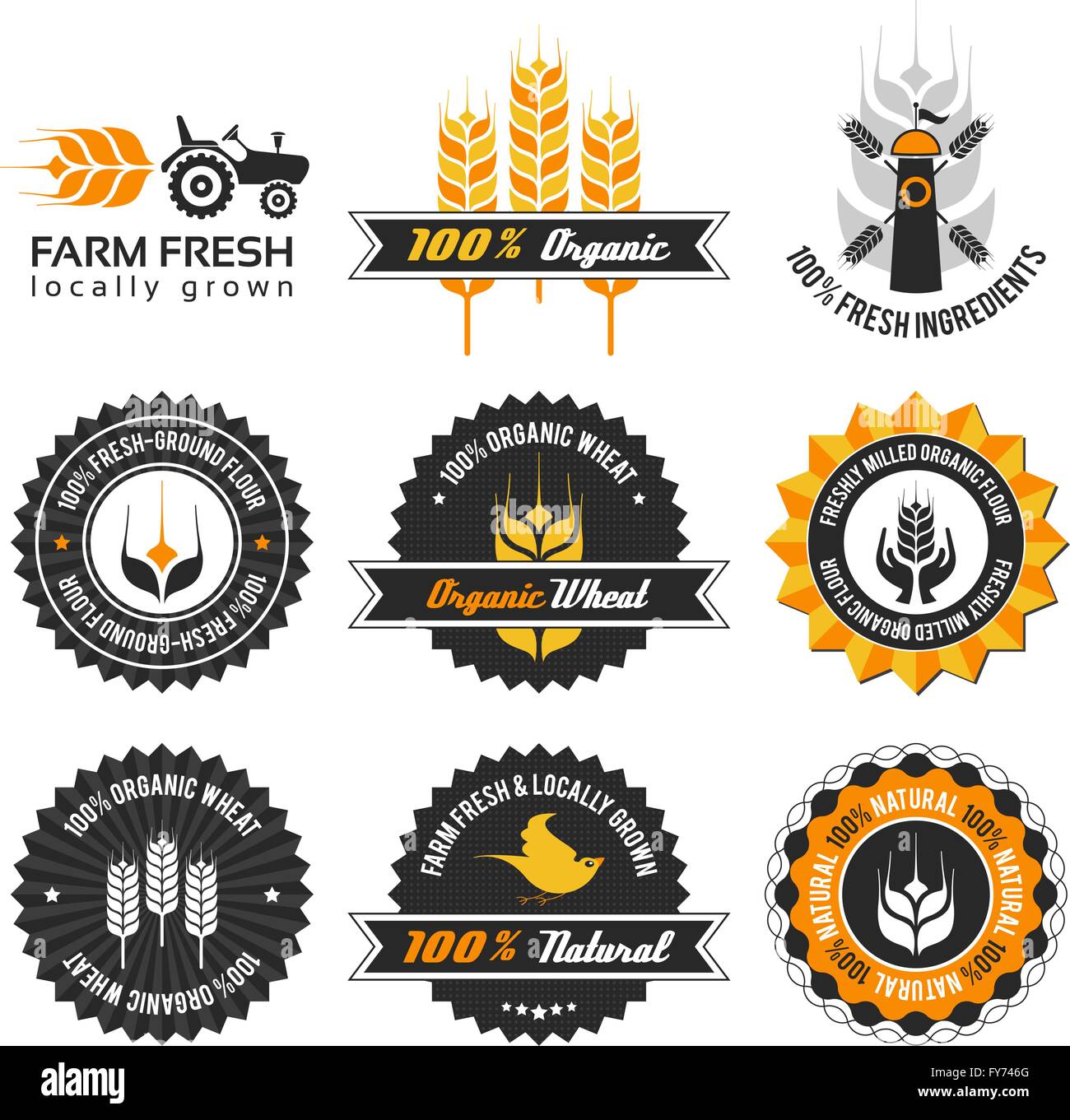 wheat production label set with differently varied modern, vintage ...