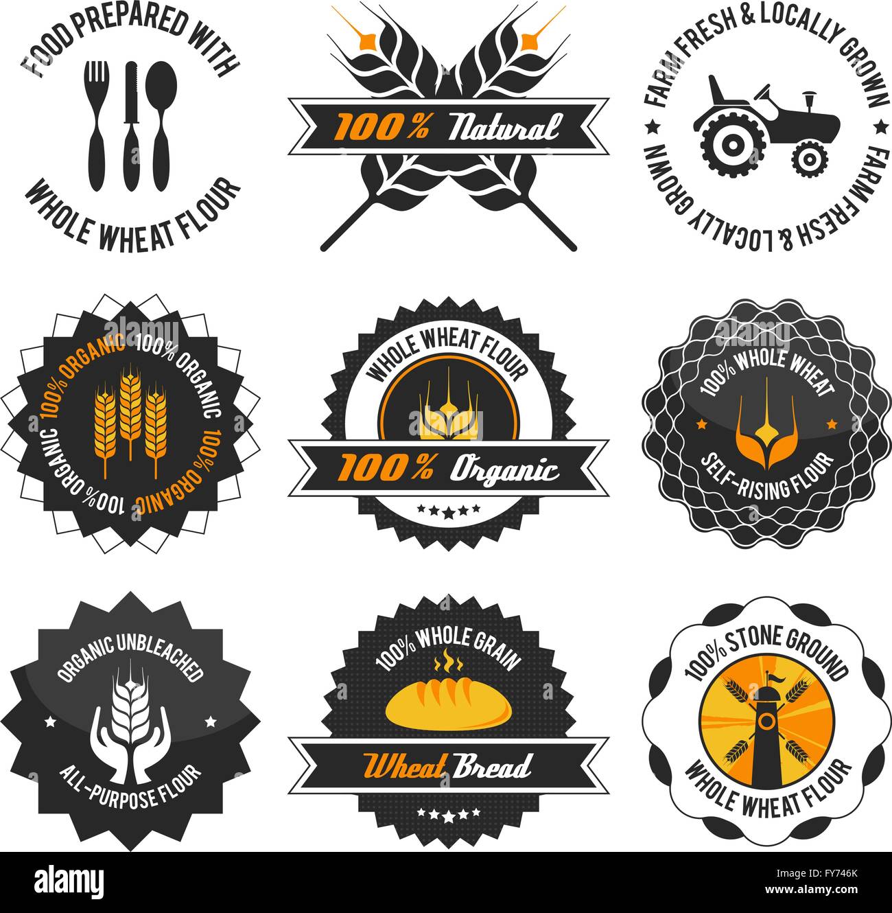 whole wheat flour label set with differently varied modern, vintage ...