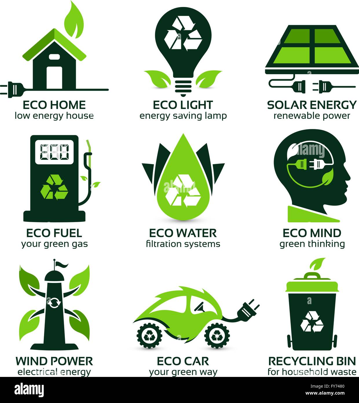 eco flat symbols promoting green lifestyle in the household, the drop ...