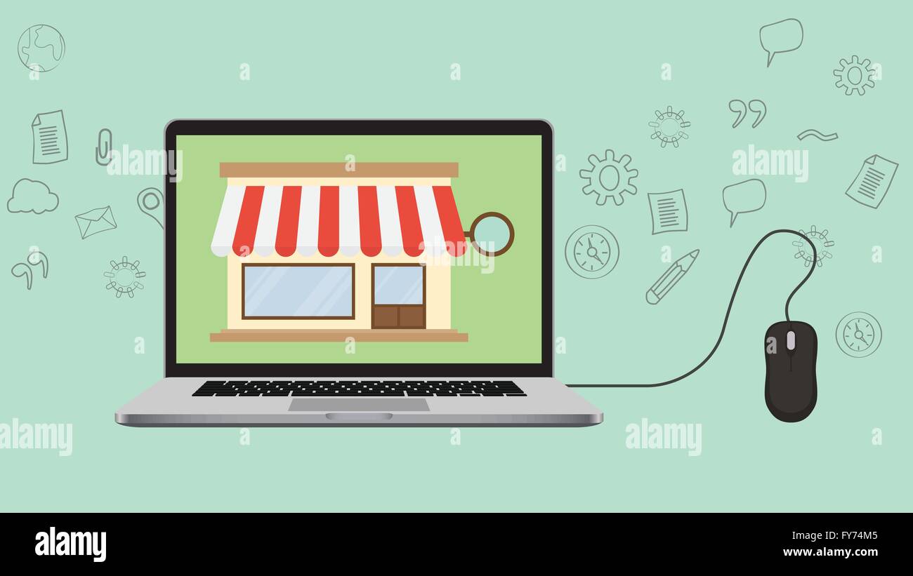 open shop concept with laptop and store Stock Vector Image & Art - Alamy
