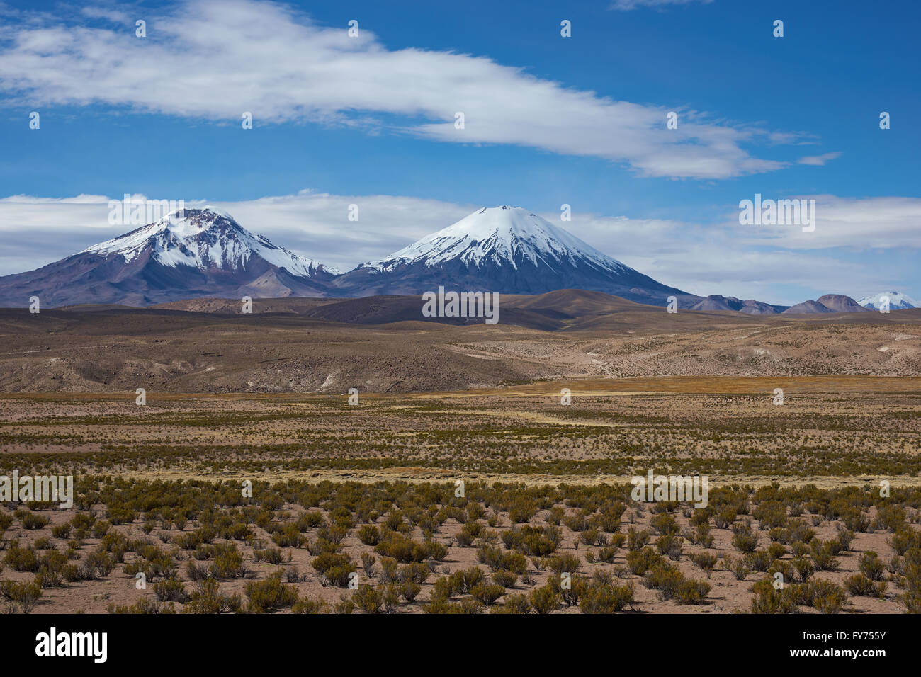 Snow and ice covered peaks of the volcanoes Parinacota (6342m) and ...