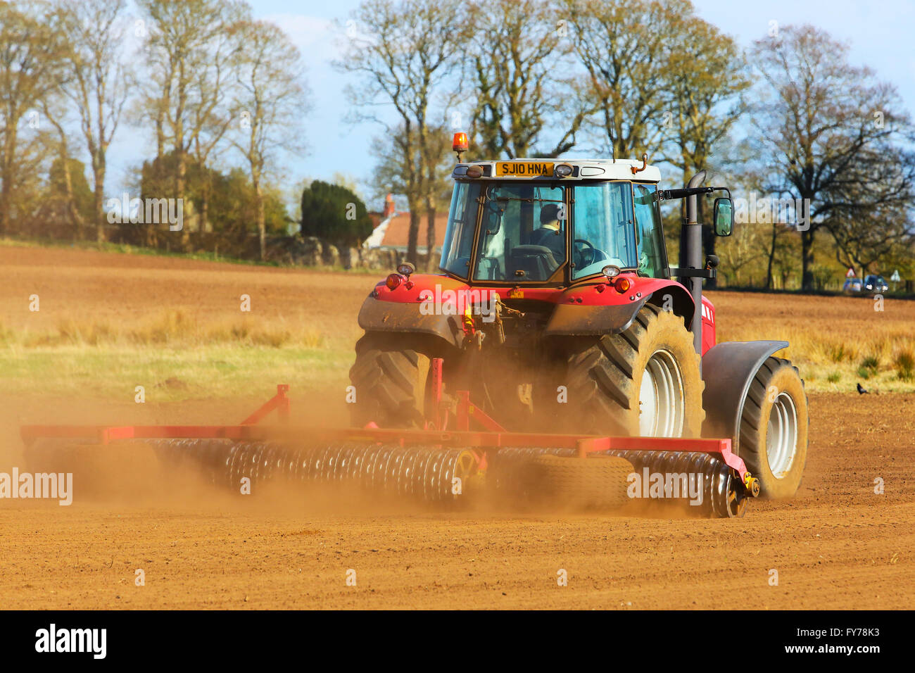 Tractor drawing a roller preparing soil by rolling out stone and ...