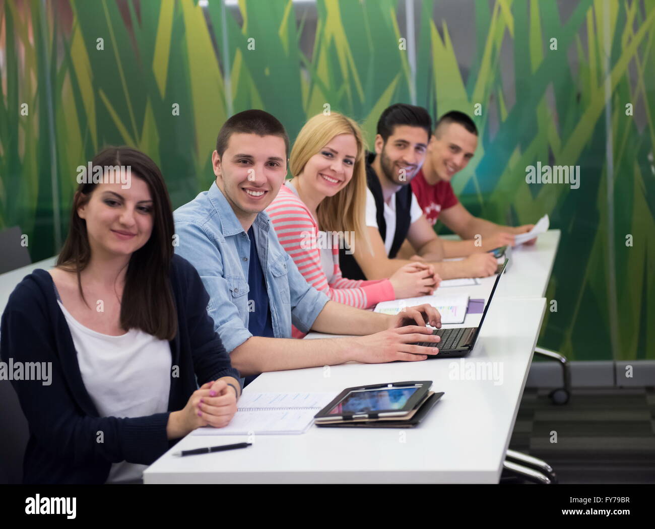 students group study together in school classroom and working together ...