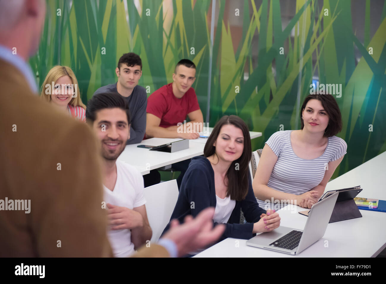 group of students study with professor in modern school classroom Stock ...