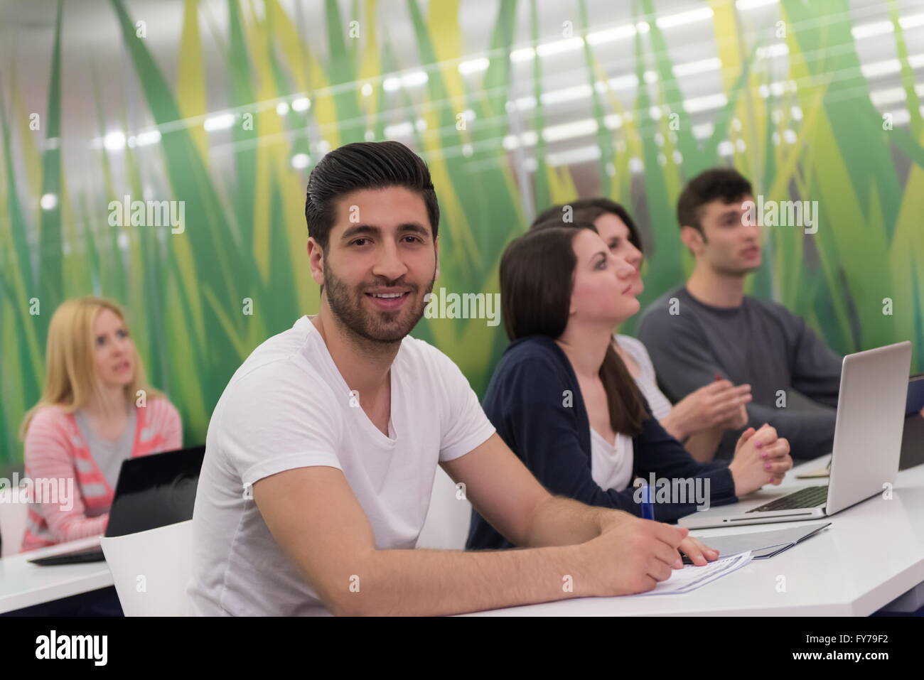 students group study together in school classroom and working together ...