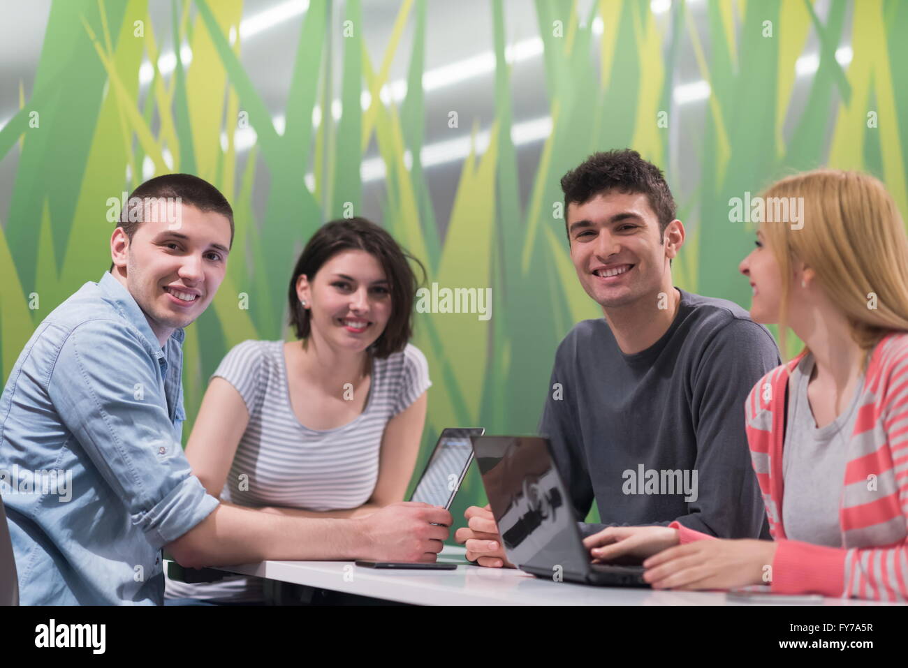 students group study together in school classroom and working together ...