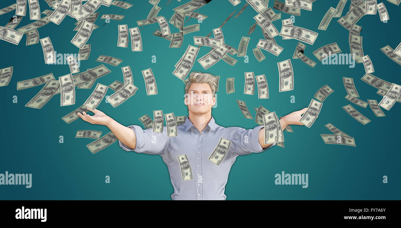 Man Catching Money Falling From the Sky in US Dollars Stock Photo - Alamy