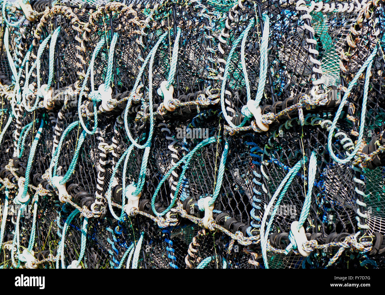 A row of crab pots on the quayside at Brancaster Staithe, Norfolk ...