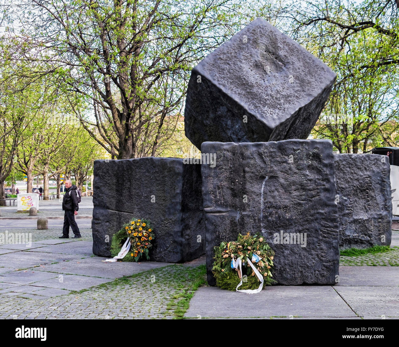 Four giant stone cubes and floral wreaths. Memorial to Victims of Nazis ...