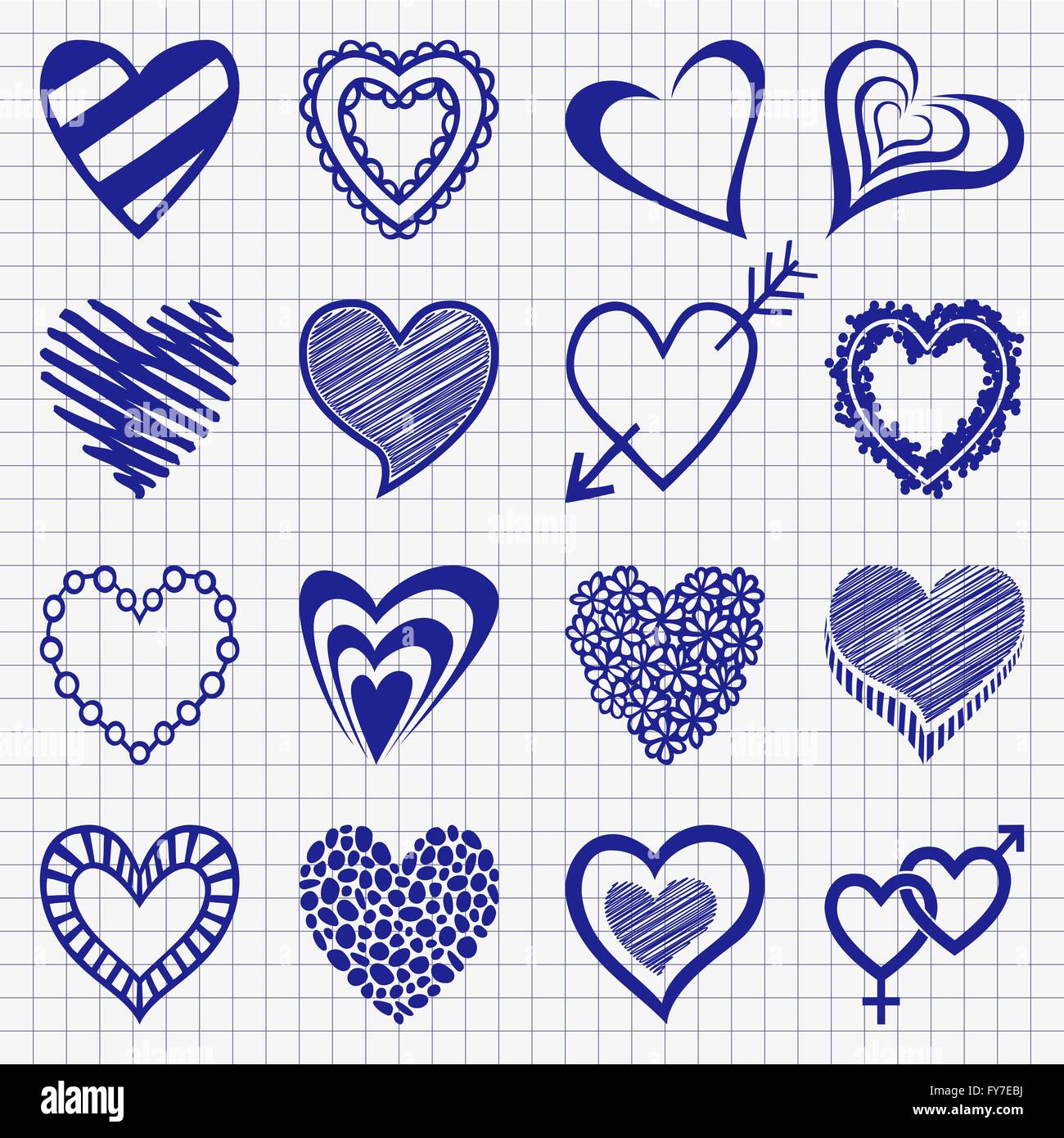 Hand drawn set of heart icons on a checkered paper background. P Stock ...