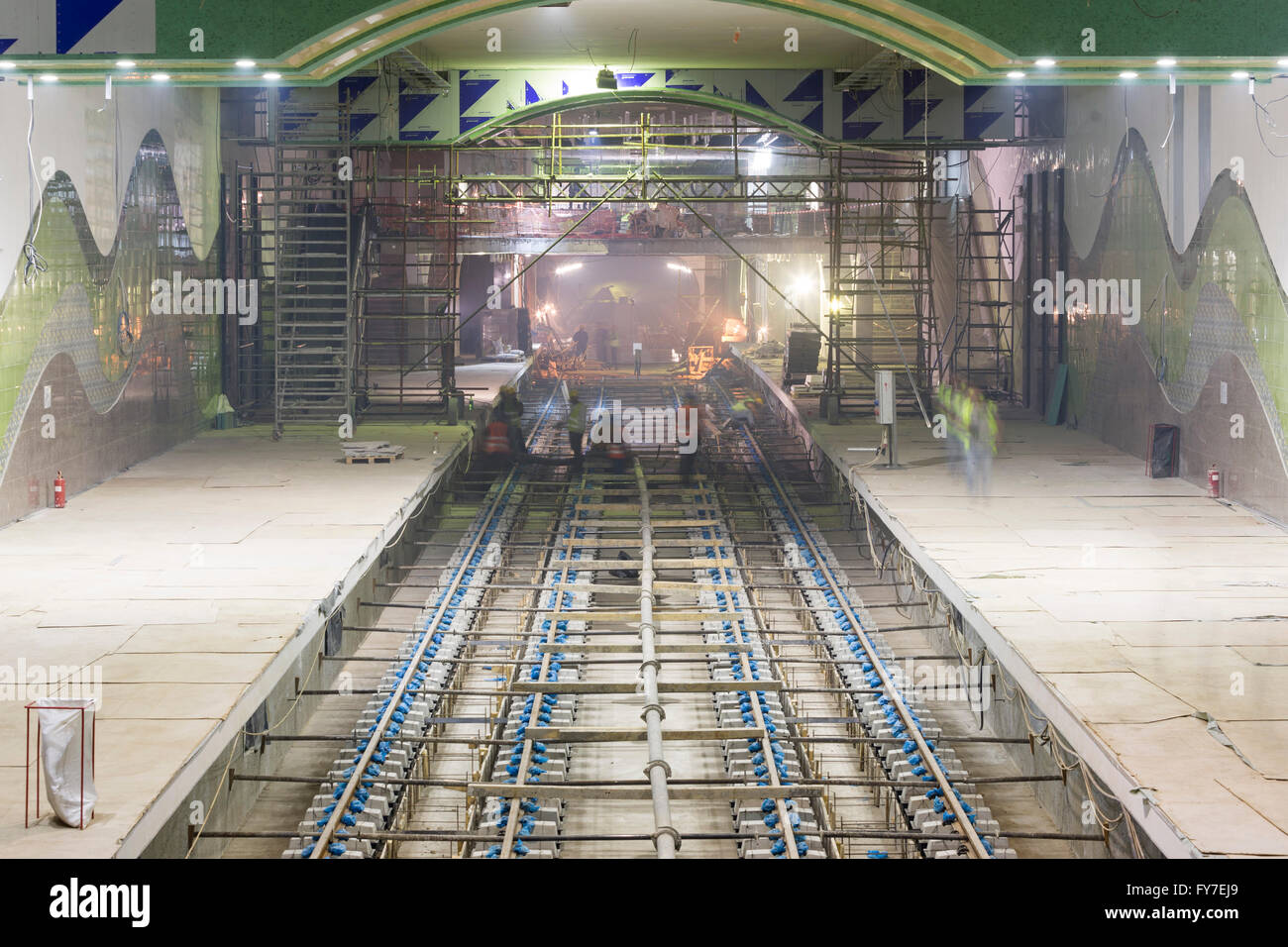 The railroad of the subway during the final steps of the tunnel ...