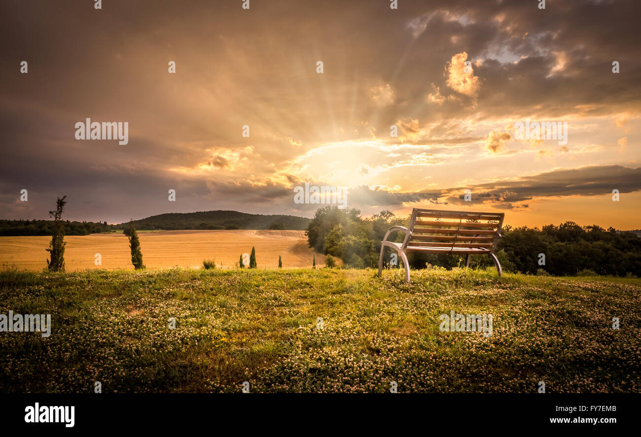 Beautiful sunset landscape with lonely bench in the foreground Stock ...