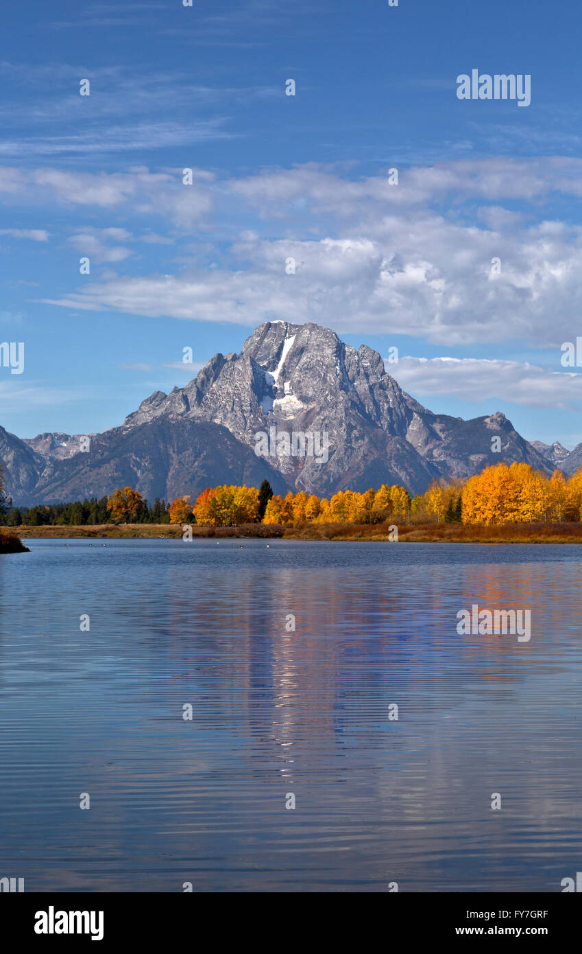 WYOMING - Mount Moran and aspen trees in fall color from the Snake ...