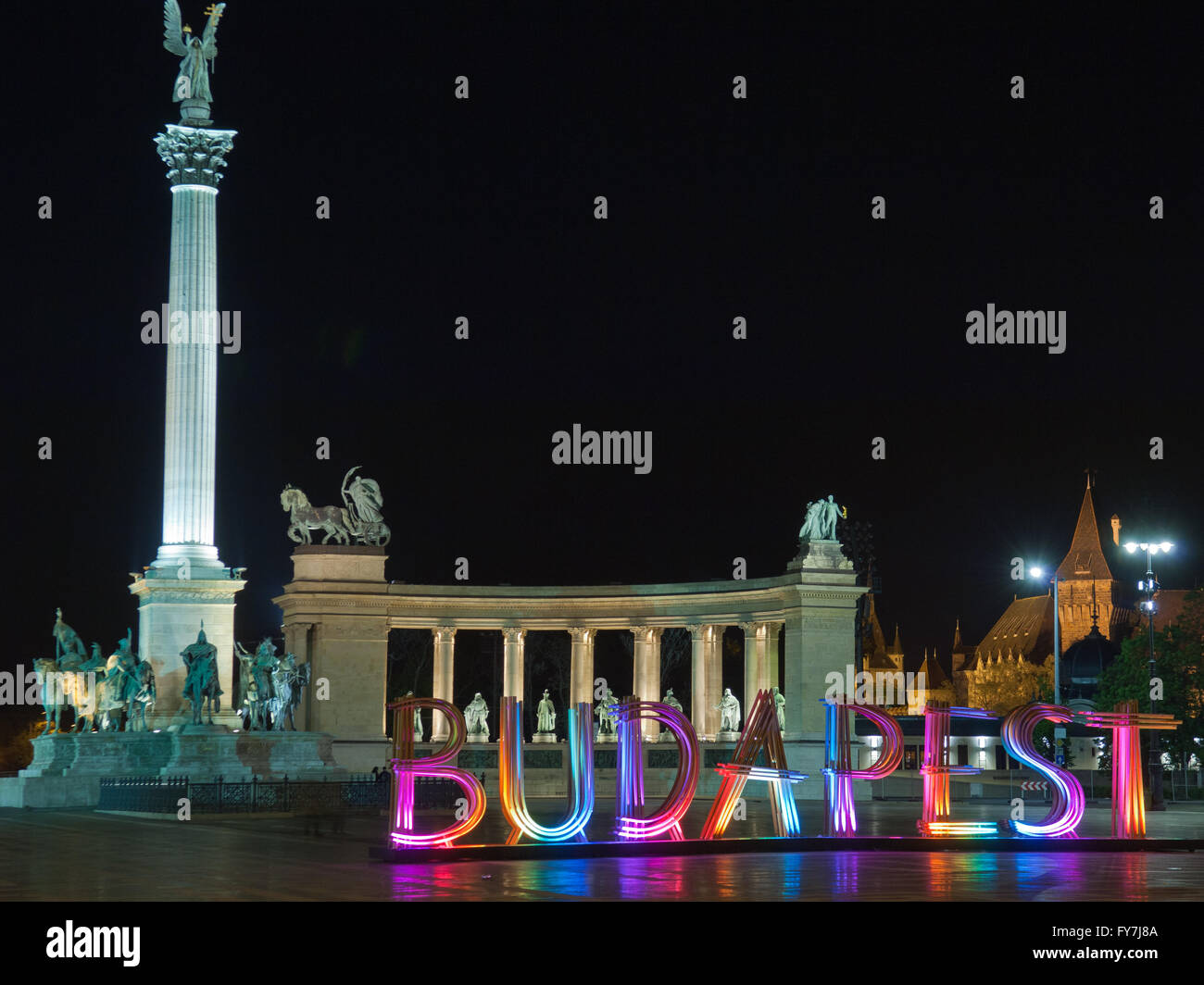 Colorfully lit wooden installation of letters forming the word Budapest ...